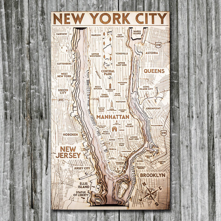 New York City Wood Map | 3D Topographic Nautical Chart