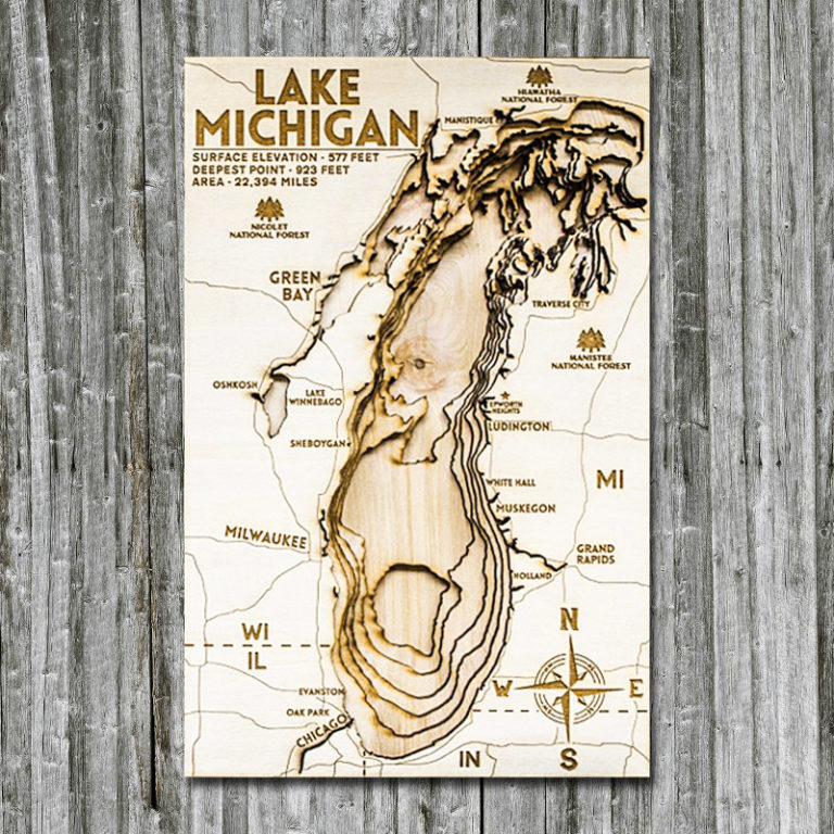 Lake Michigan Wood Map | 3D Topographic Wood Chart