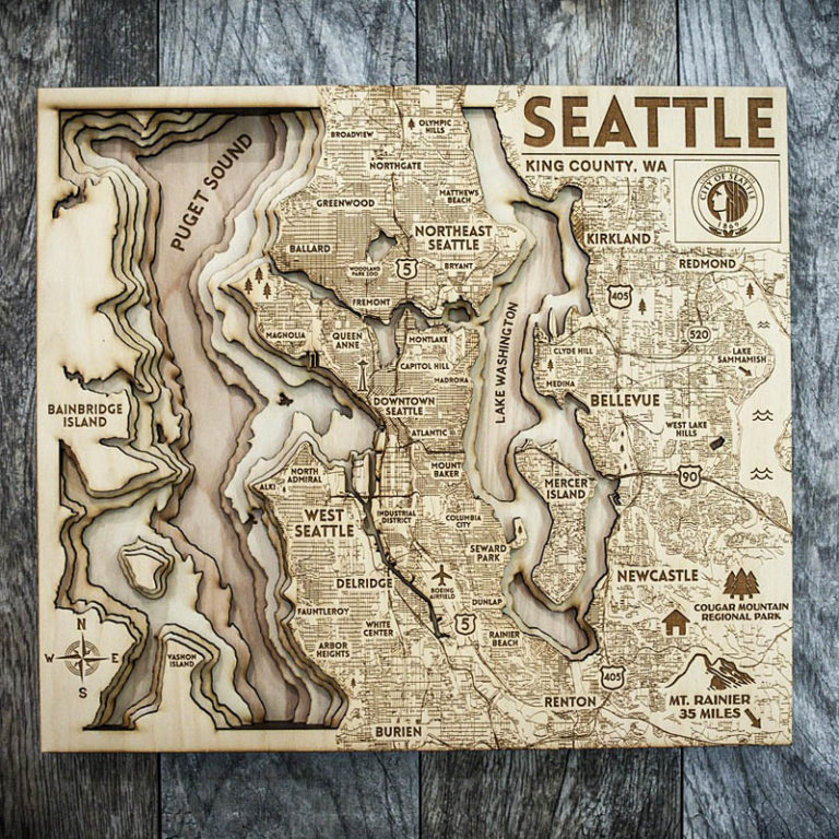 Seattle, WA, Puget Sound Wood Map | 3D Topographic Chart