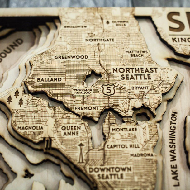 Seattle, WA, Puget Sound Wood Map | 3D Topographic Chart