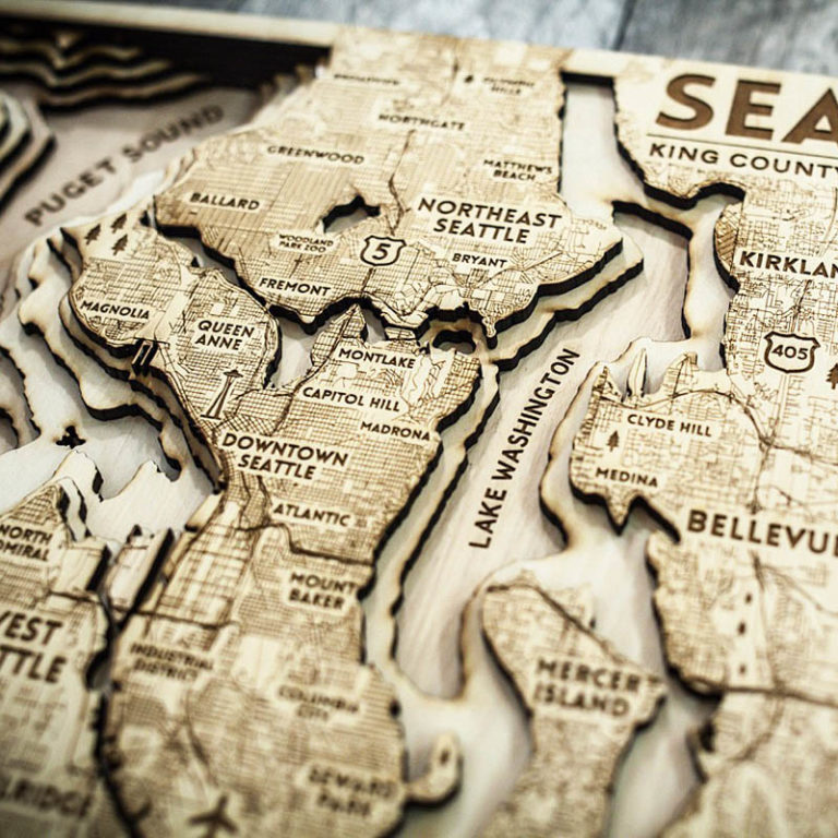Seattle, WA, Puget Sound Wood Map | 3D Topographic Chart