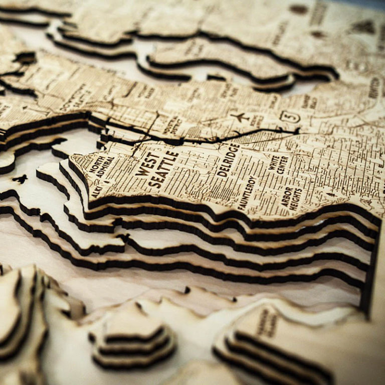 Seattle, WA, Puget Sound Wood Map | 3D Topographic Chart