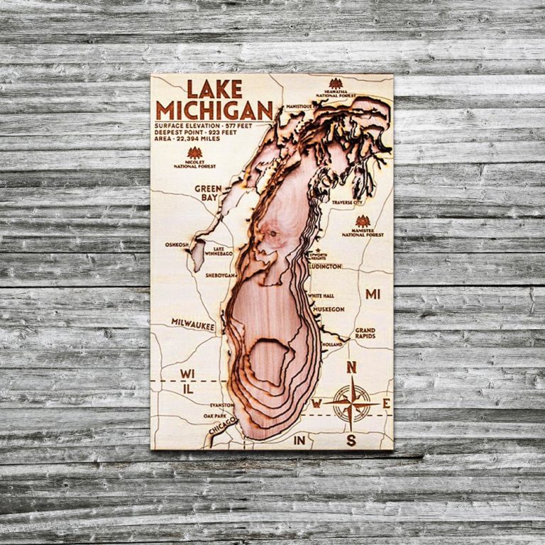 Lake Michigan Wood Map | 3D Topographic Wood Chart