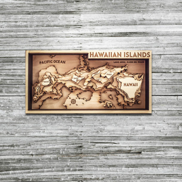 Hawaiian Islands Wood Map | 3D Topographic Wood Chart