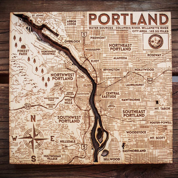 Portland, OR Wood Map | 3D Nautical Wooden Chart
