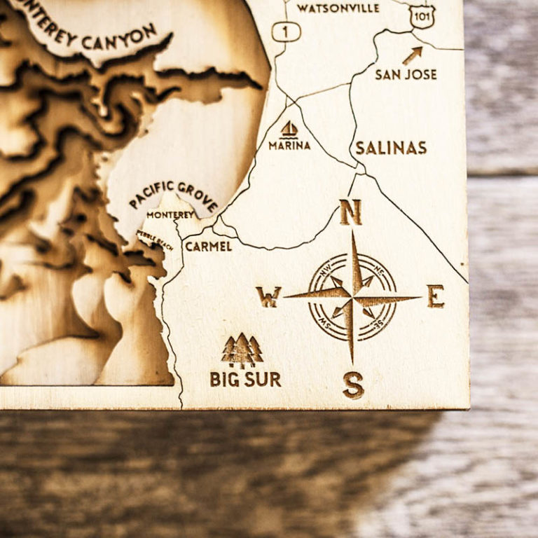Monterey, CA Wood Map | 3D Topographic Wood Chart
