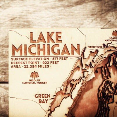 Lake Michigan Wood Map | 3D Topographic Wood Chart