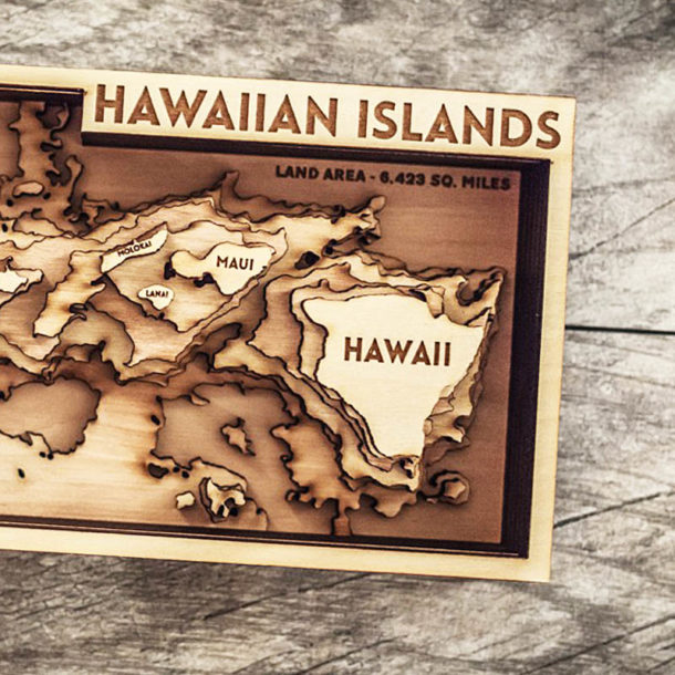 Hawaiian Islands Wood Map | 3D Topographic Wood Chart