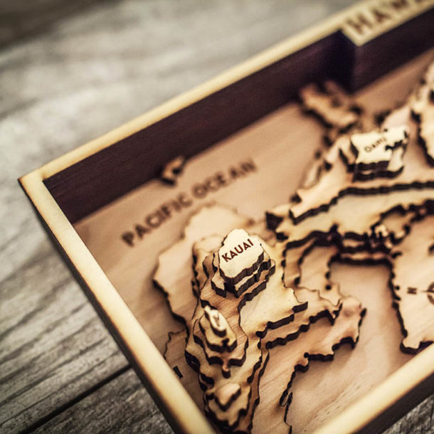 Hawaiian Islands Wood Map | 3D Topographic Wood Chart