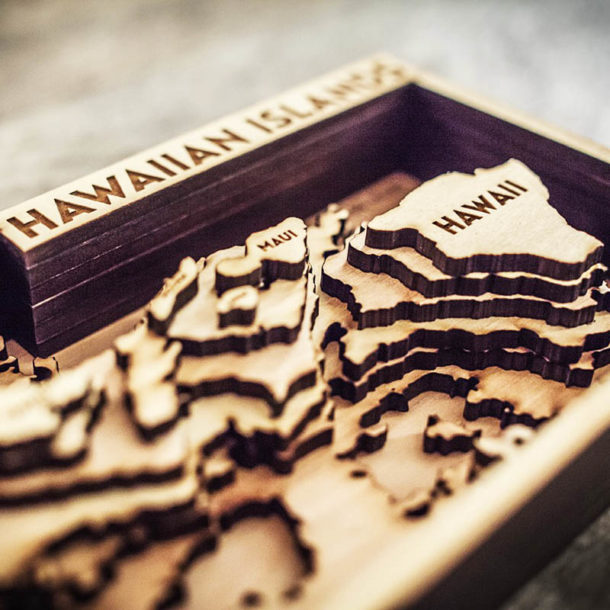 Hawaiian Islands Wood Map | 3D Topographic Wood Chart