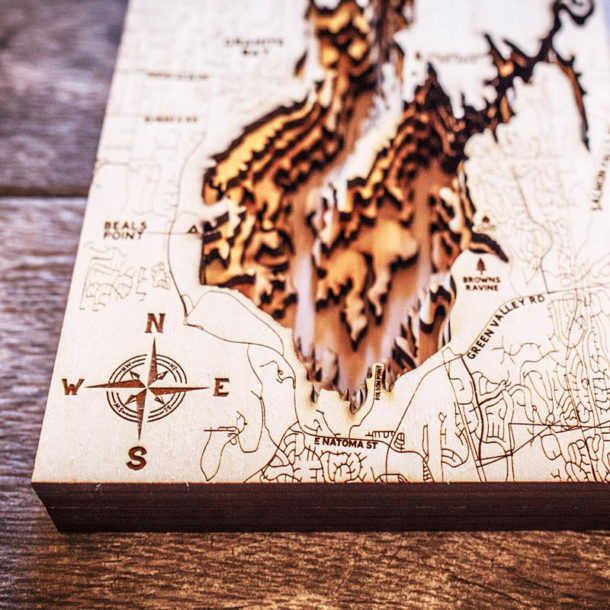 Folsom Lake, CA Wood Map | 3D Topographic Wood Chart