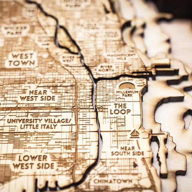Chicago, IL Wood Map | 3D Topographic Wood Chart