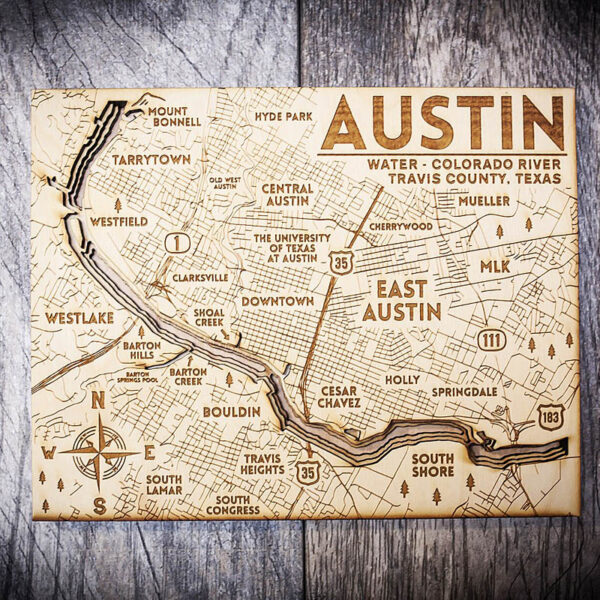 Austin, Texas Wood Map | 3D Topographic Wood Chart