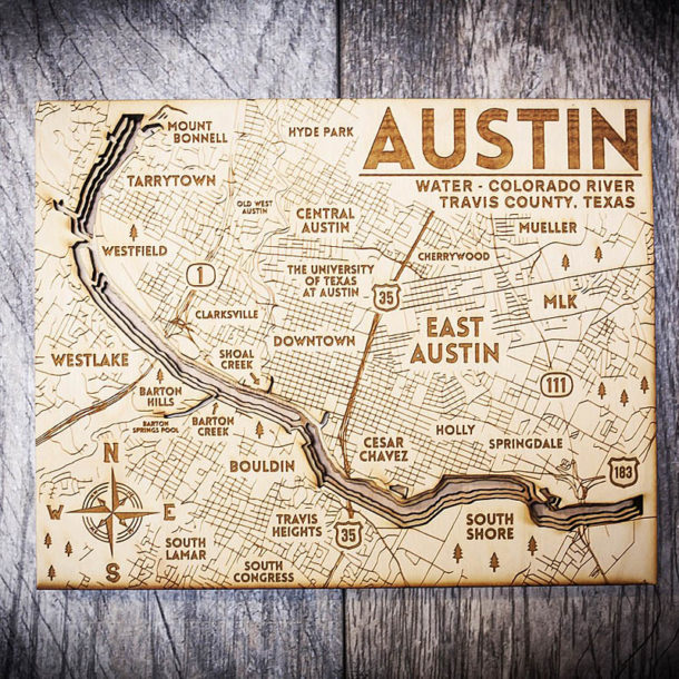 Austin, Texas Wood Map | 3D Topographic Wood Chart