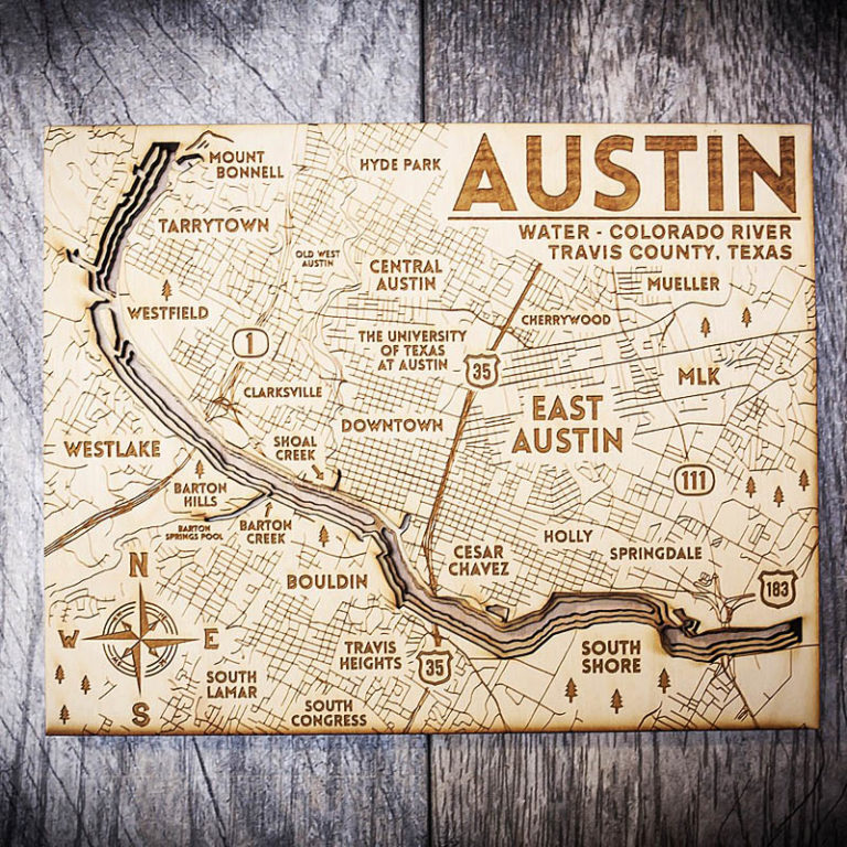 Austin, Texas Wood Map | 3D Topographic Wood Chart