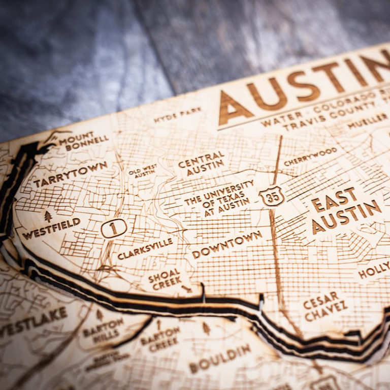 Austin, Texas Wood Map | 3D Topographic Wood Chart