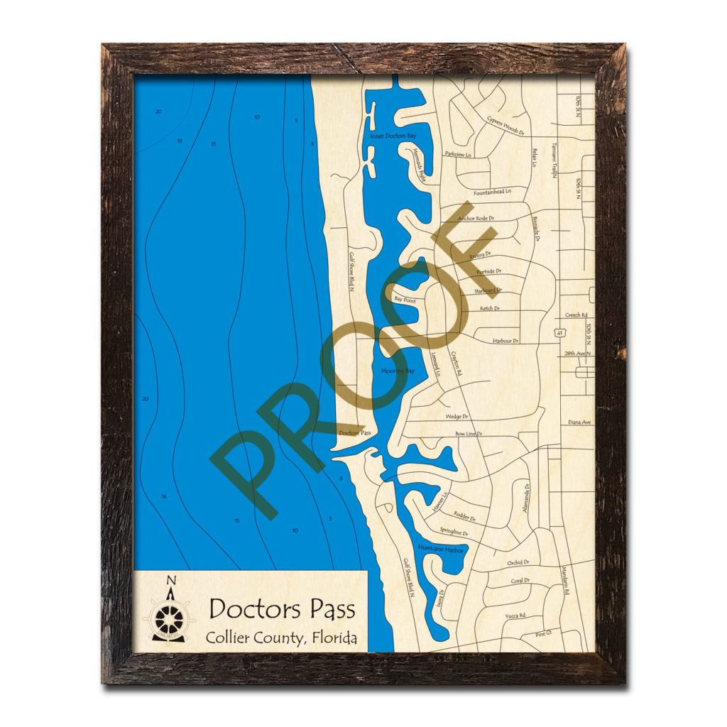 Doctors Pass, Moorings Bay, Hurricane Harbor, FL Nautical Wood Maps