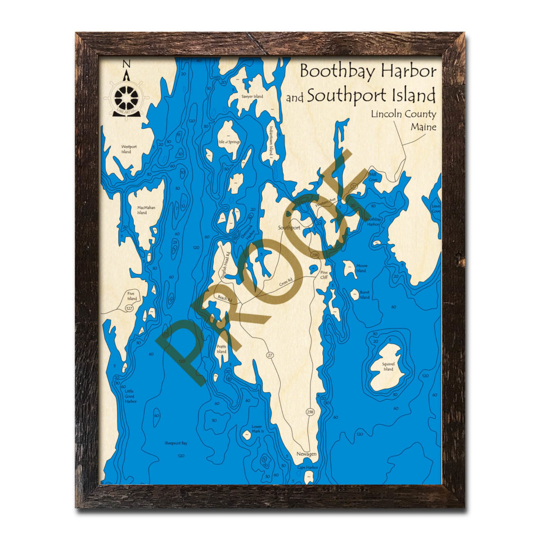 Boothbay Harbor and Southport Island, ME Nautical Wood Maps