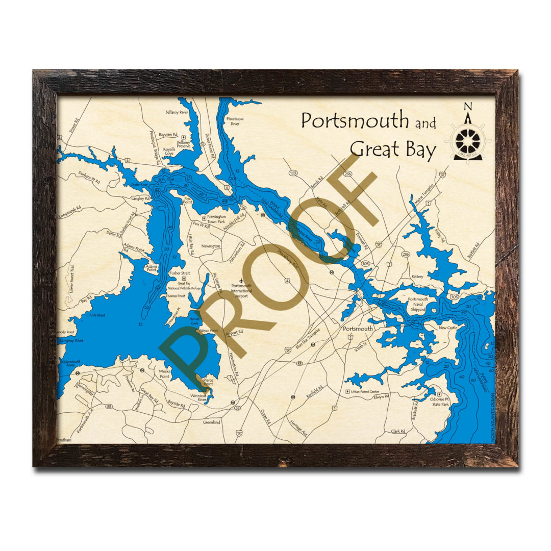 Portsmouth and Great Bay, NH Nautical Wood Maps