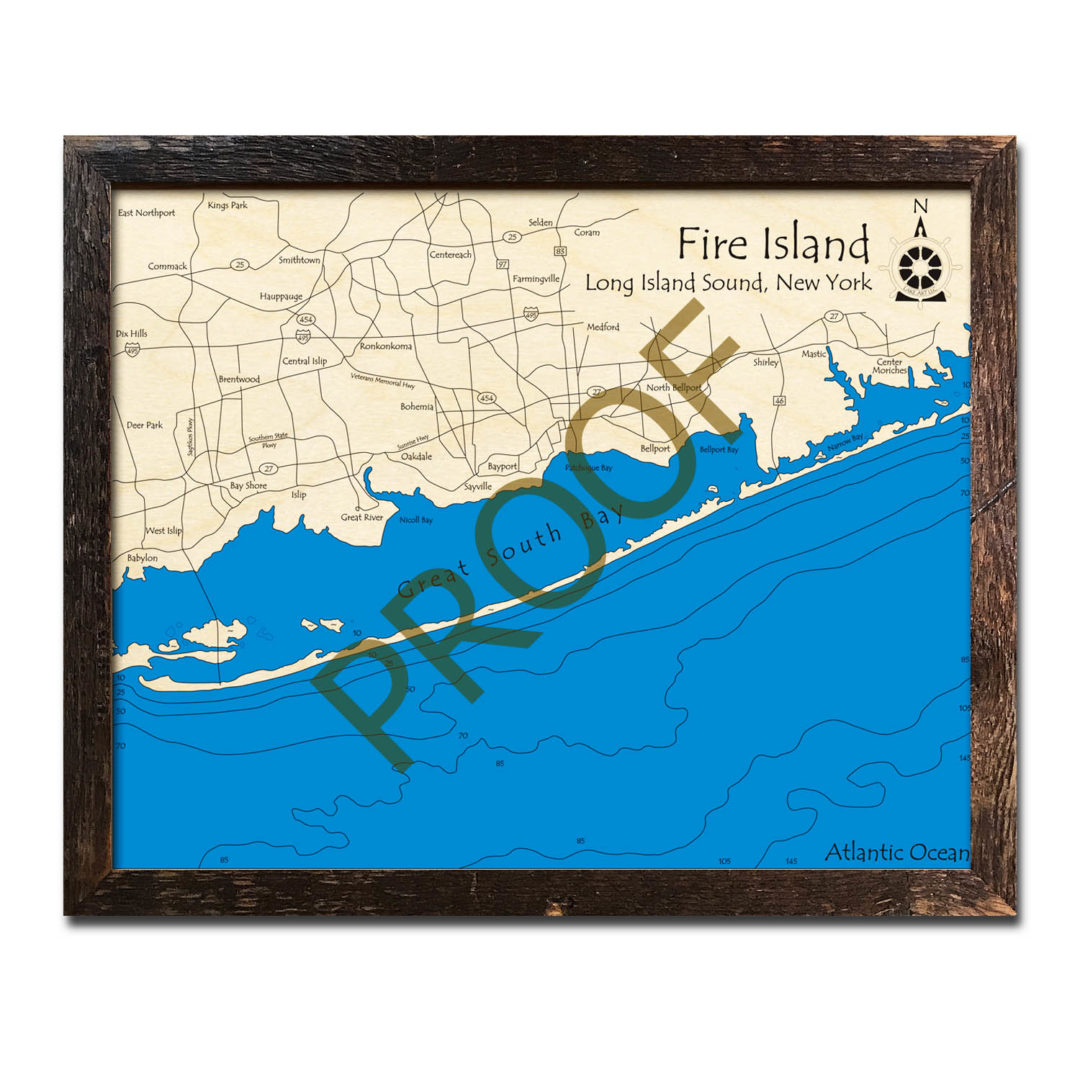 Fire Island, NY 3D Wood Maps, Laser-etched Nautical Decor