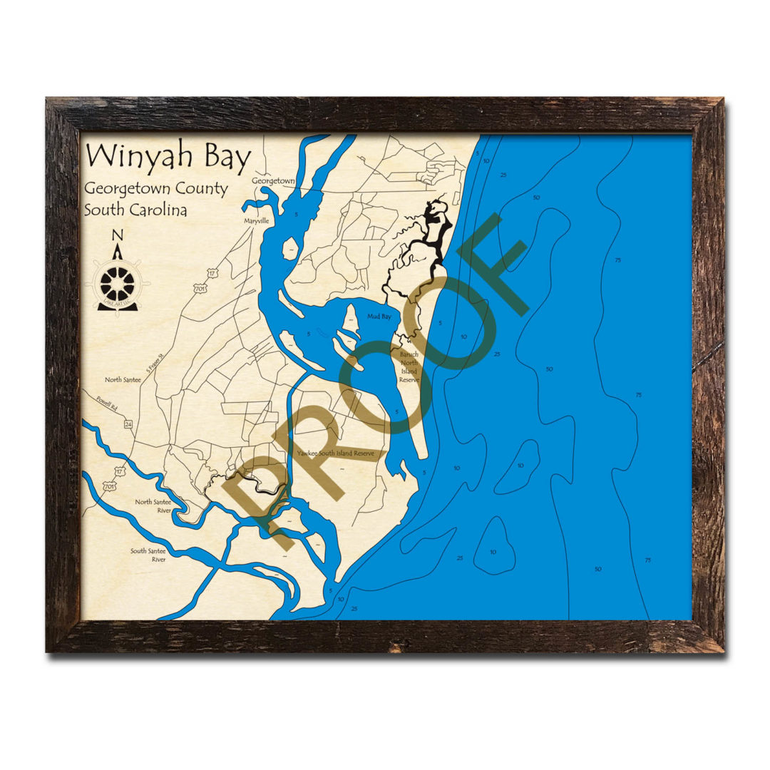 Lake Wylie, SC 3D Wood Topo Map, Nautical Wood Chart