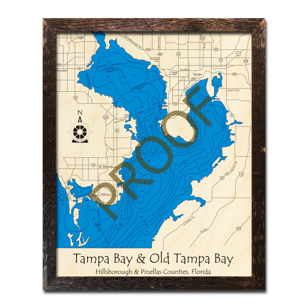 Tampa Bay and Old Tampa Bay, FL Nautical Wood Maps
