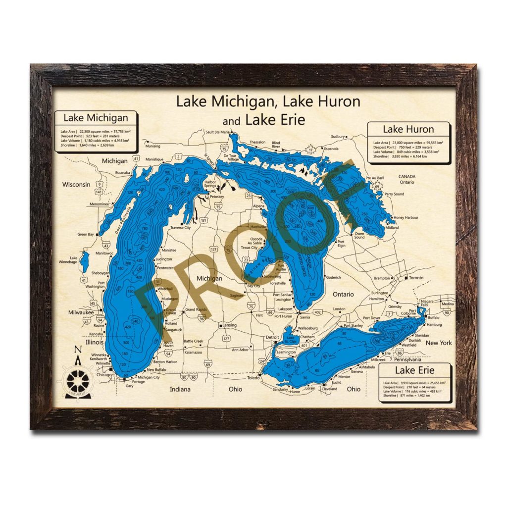 Lake Michigan, Lake Erie, and Lake Huron Nautical Wood Maps
