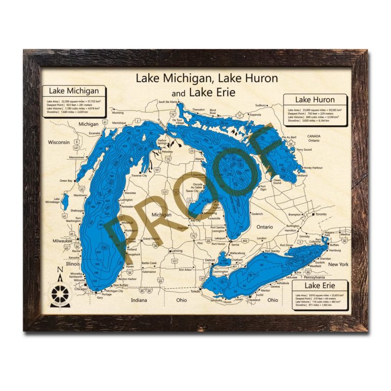 Lake Michigan, Lake Erie, and Lake Huron Nautical Wood Maps