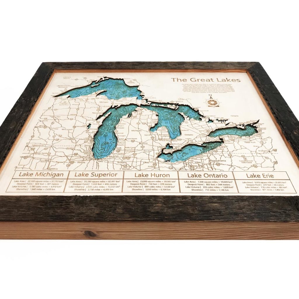 Great Lakes Wood Map | Topographic Wood Chart, 11" x 14"