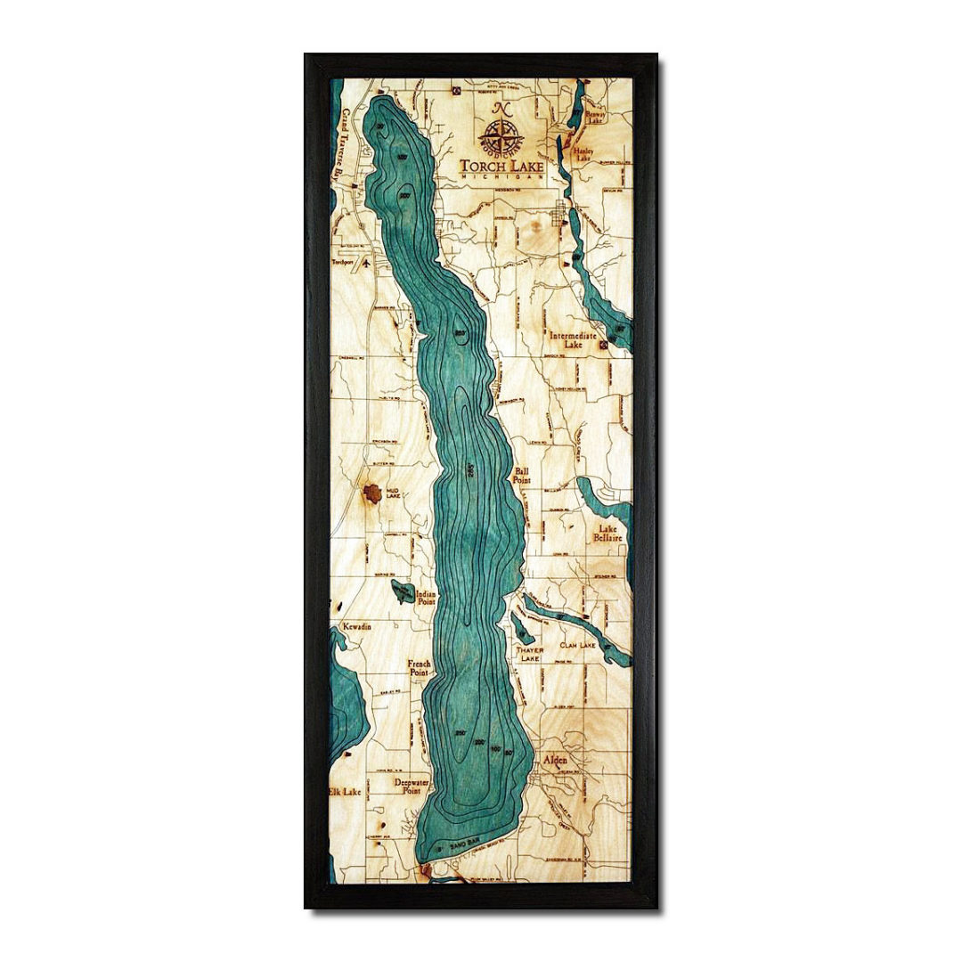 Torch Lake, MI 3D Wood Map | Framed 3D Topographic Wood Chart