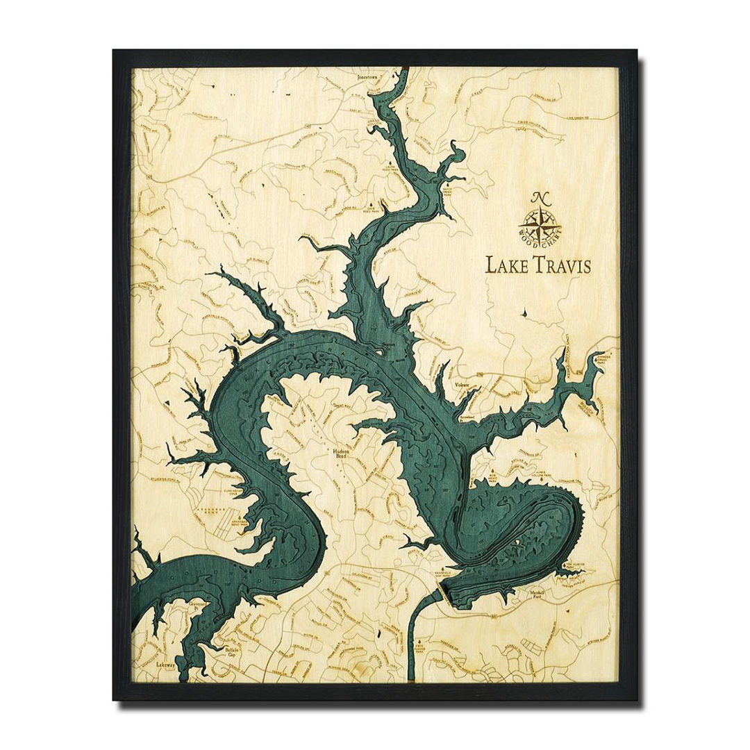 Lake Travis, TX 3D Wood Map | Framed 3D Topographic Wood Chart