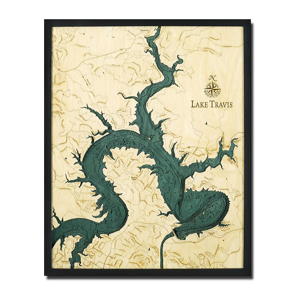 Lake Travis, TX 3D Wood Map | Framed 3D Topographic Wood Chart