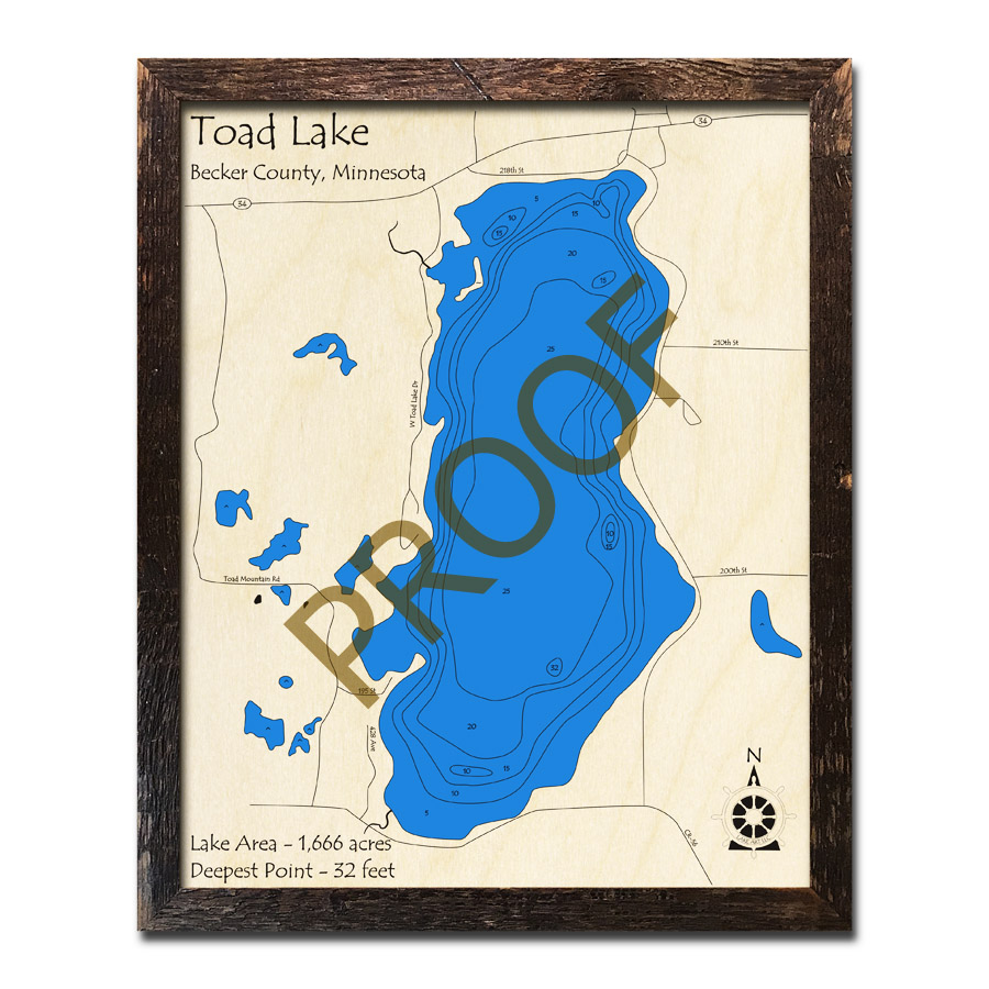 Toad Lake, MN 3D Wood Topo Maps