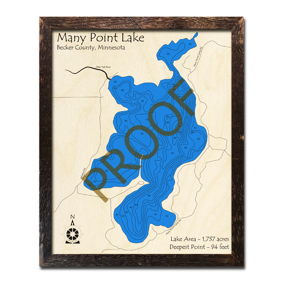 Many Point Lake (Becker County), MN 3D Wood Topo Maps