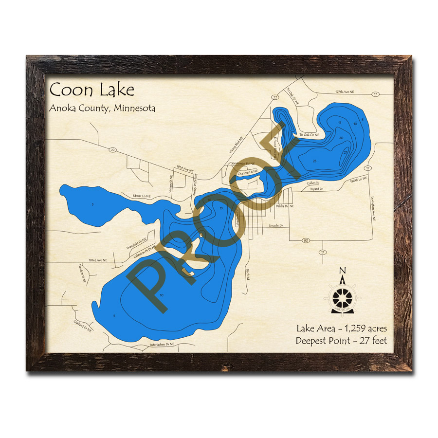 Coon Lake, MN 3D Wood Topo Maps