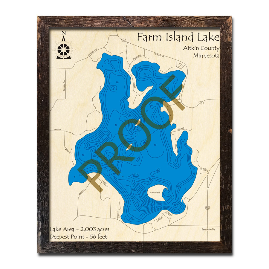 Farm Island Lake, MN 3D Wood Topo Maps