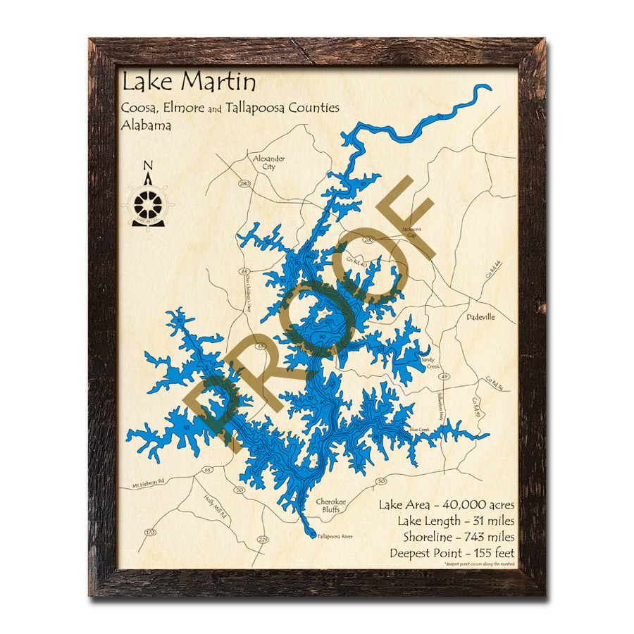 Lake Martin, AL 3D Wood Topo Maps