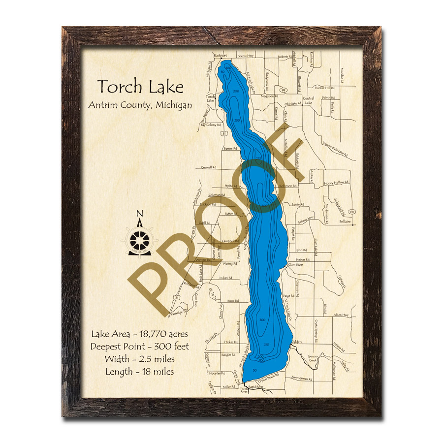 Torch Lake, MI Nautical 3D Wood Topo Maps
