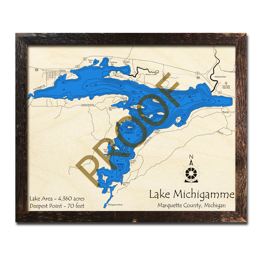 Lake Michigamme, MI 3D Wood Topo Map