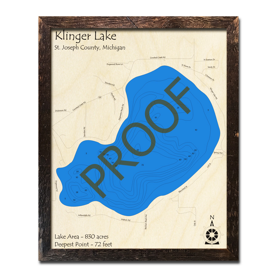 Klinger Lake, MI 3D Wood Topo Map