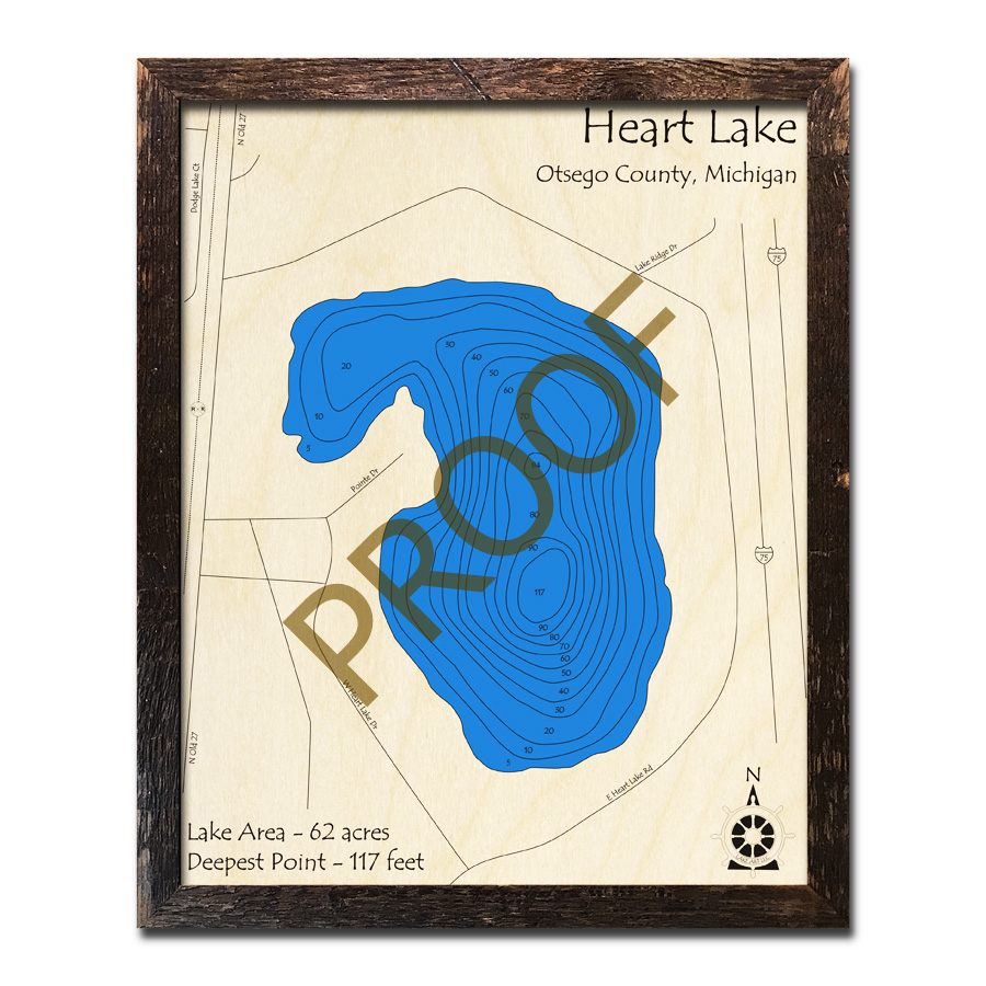 Heart Lake, MI 3D Wood Topo Map