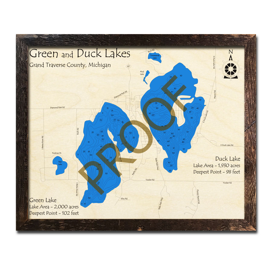 Green Lake (With Duck Lake), MI 3D Wood Topo Map