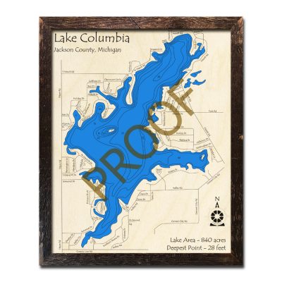 Lake Columbia, MI 3D Wood Topo Map