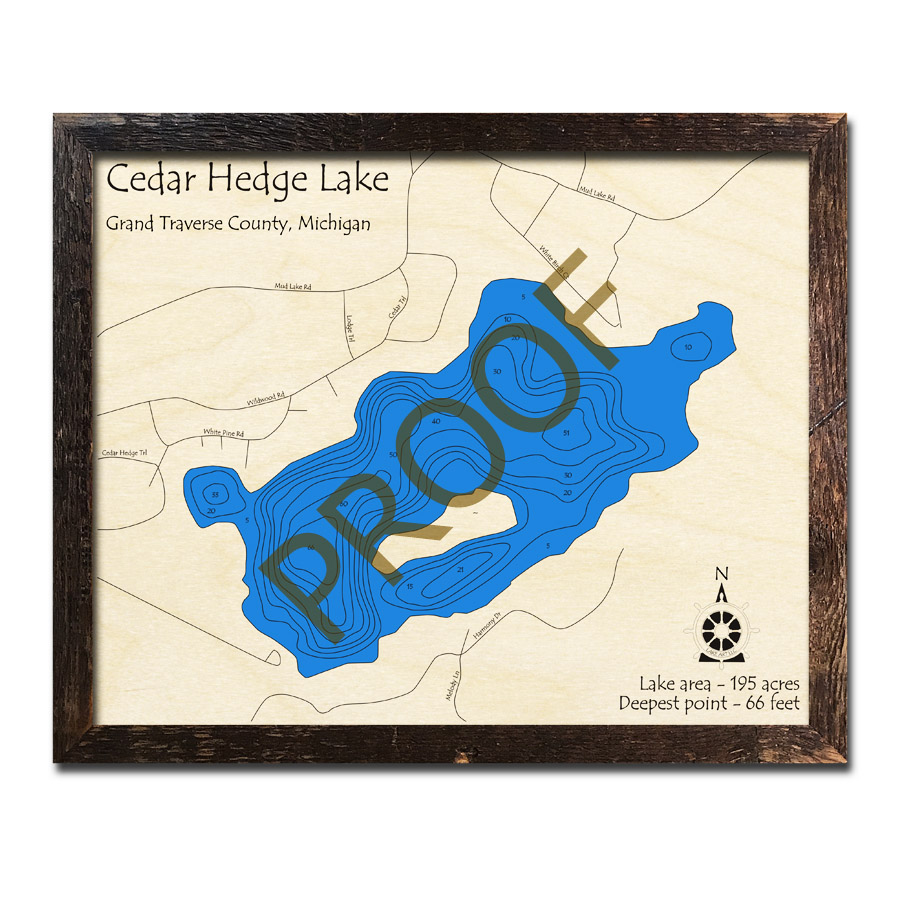 Cedar Hedge Lake, MI 3D Wood Topo Map