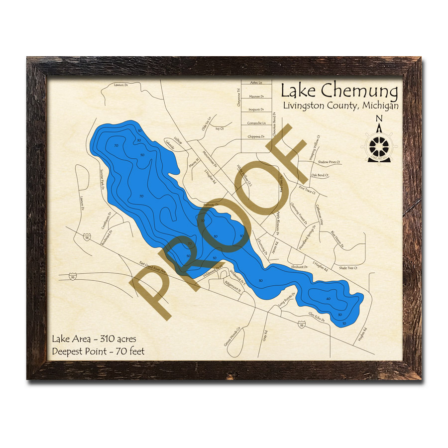 Lake Chemung, MI 3D Wood Topo Map