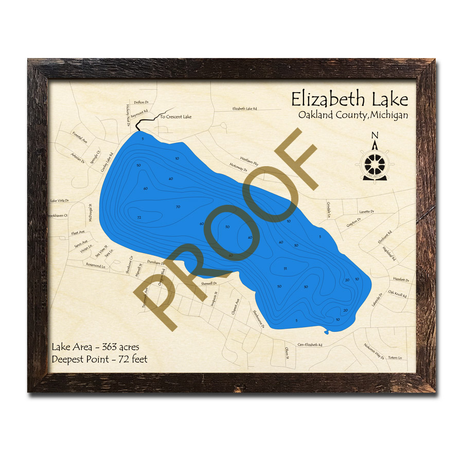 Elizabeth Lake, MI 3D Wood Topo Map