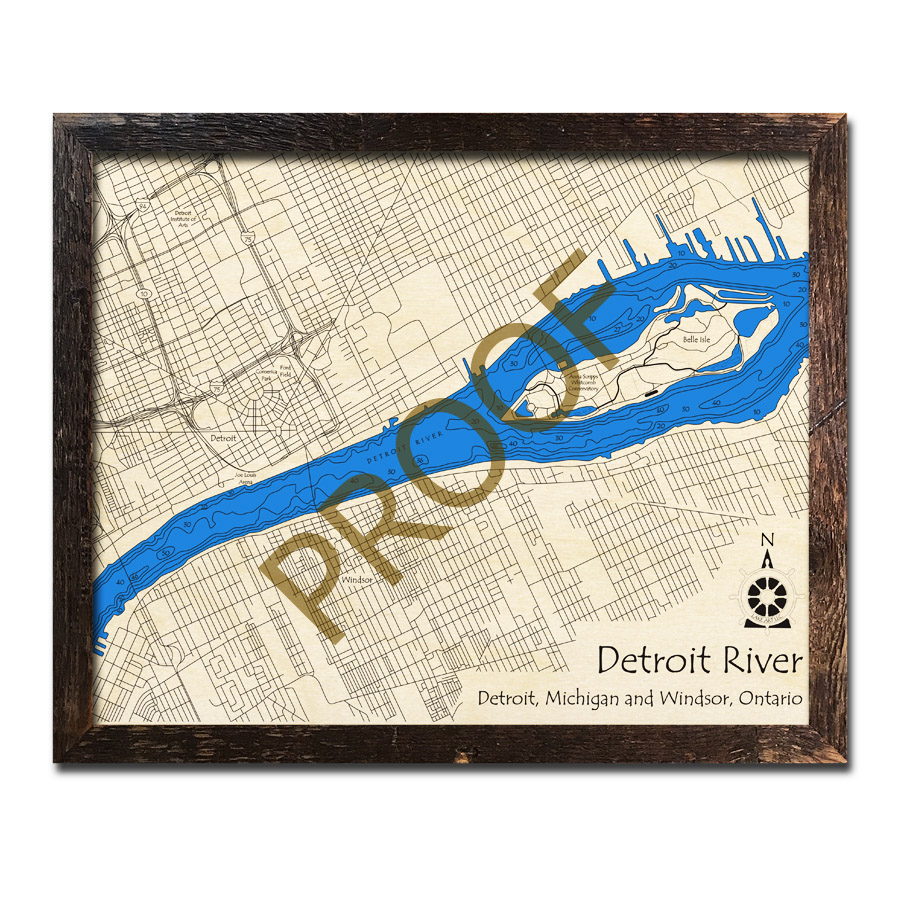 Detroit River, MI 3D Wood Topo Map
