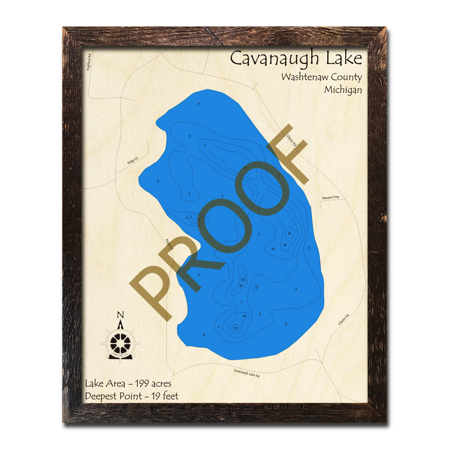 Cavanaugh Lake, MI 3D Wood Topo Map