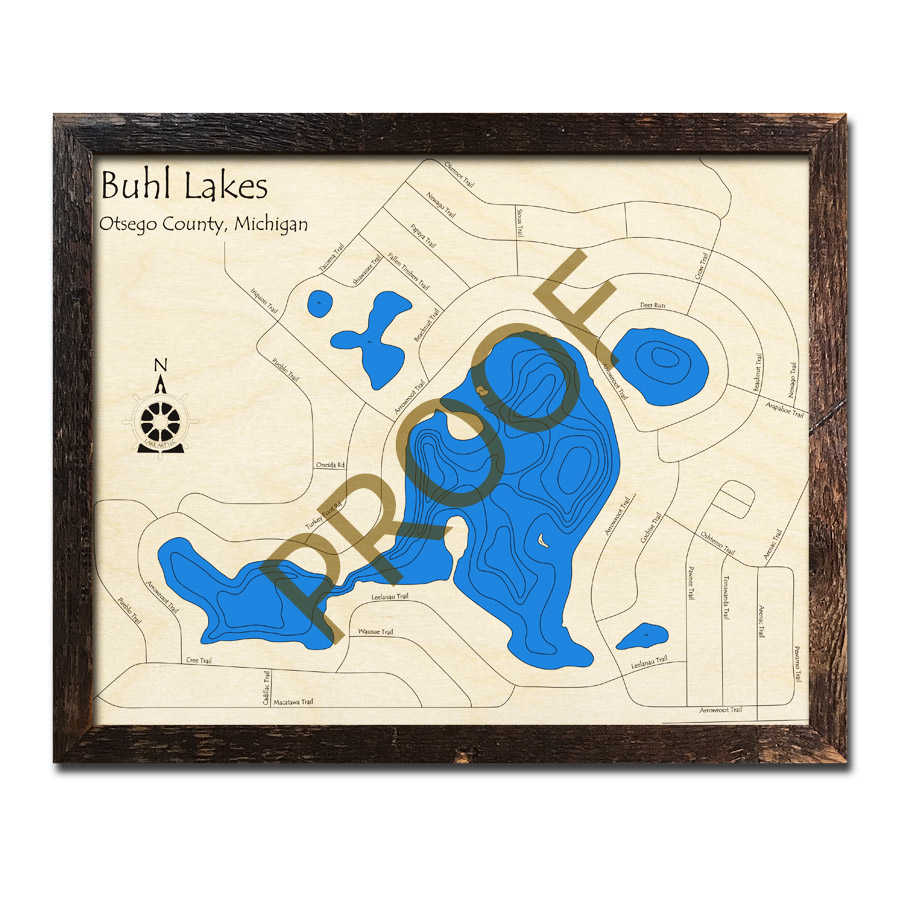 Buhl Lakes, MI 3D Wood Topo Map