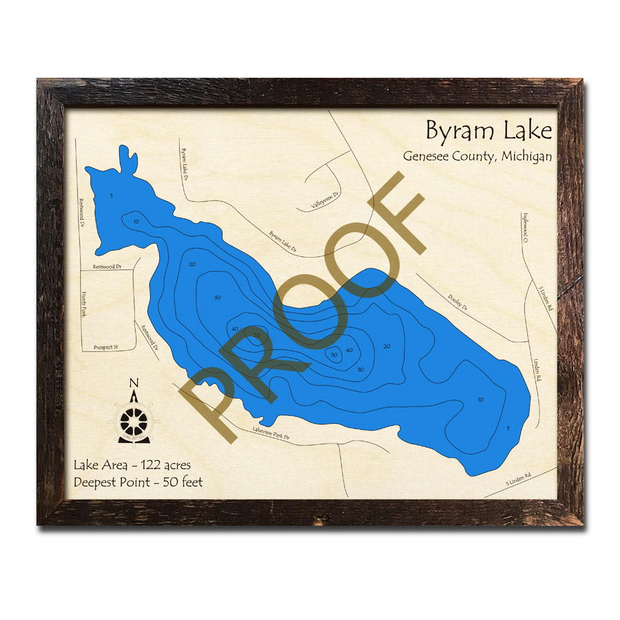 Byram Lake, MI 3D Wood Topo Map